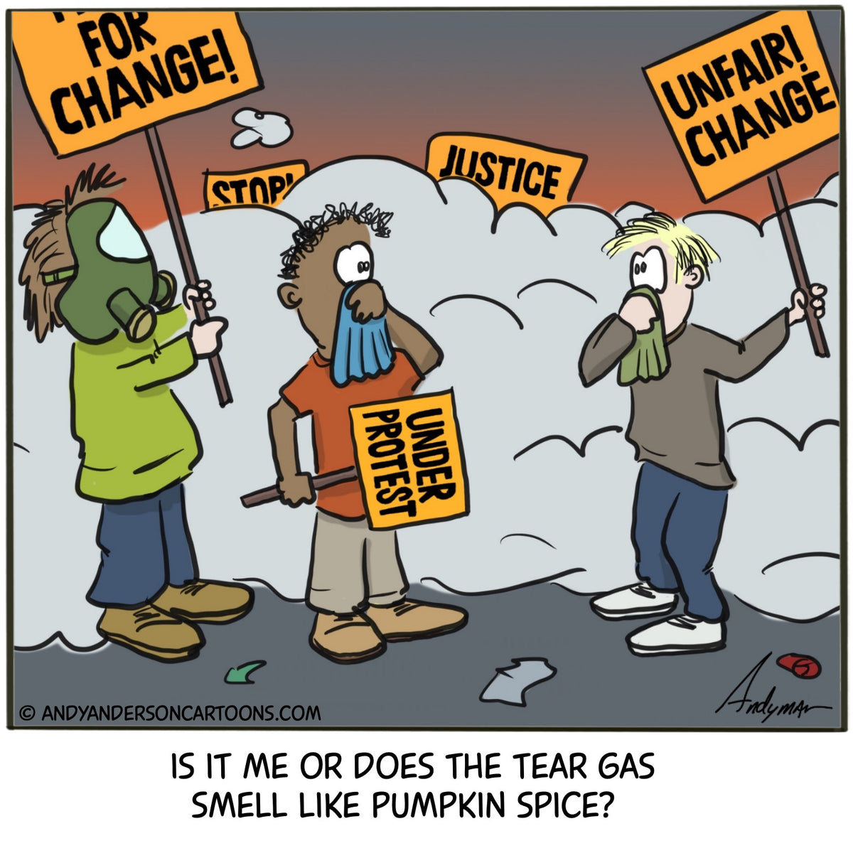 Cartoon/Meme about tear gas & pumpkin spice – Andy Anderson Cartoons