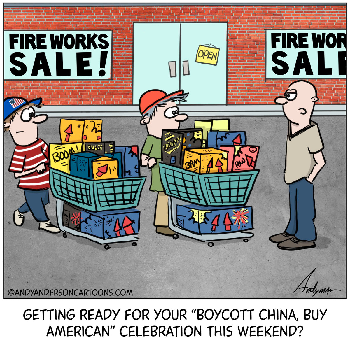 Cartoon/Meme about China boycott & fireworks | Andy Anderson Cartoons