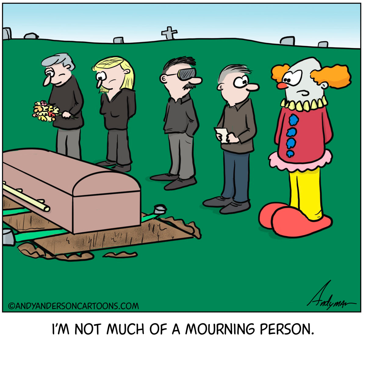 Cartoon about a clown at a funeral | Not much of a mourning person ...